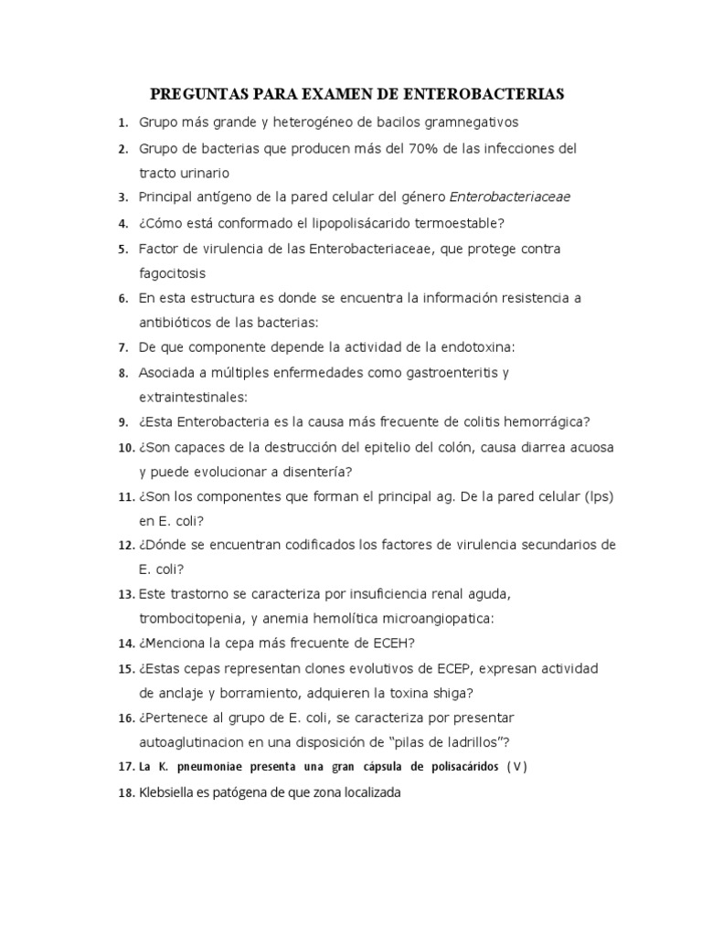 Preguntas para Examen de Enterobacterias 2 | PDF | Escherichia coli ...