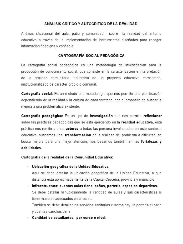 Análisis Crítico Y Autocrítico De La Realidad Pdf Maestros