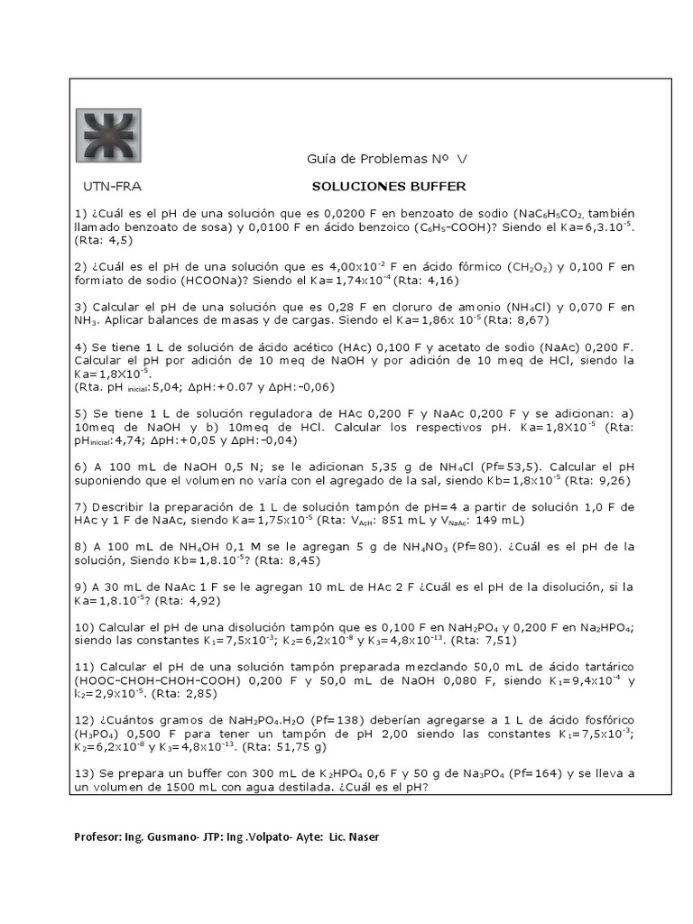 Guía de Problemas #V Soluciones Buffer | PDF | Solución tampón | Hidróxido de sodio
