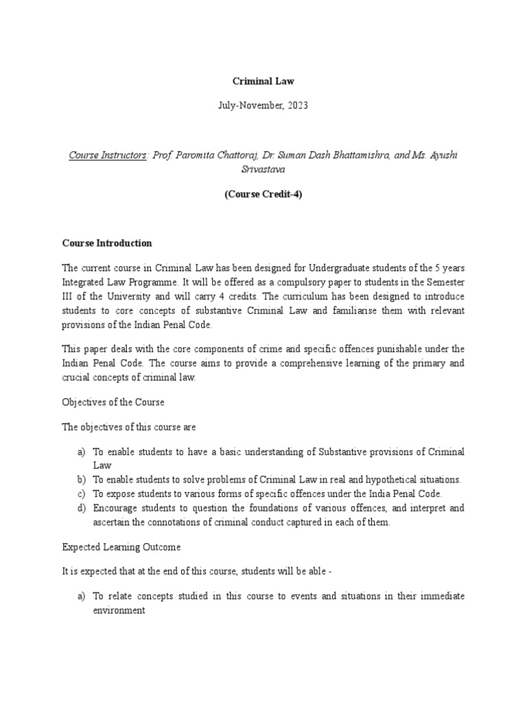 Criminal Law - Course Outline | PDF | Mens Rea | Crimes