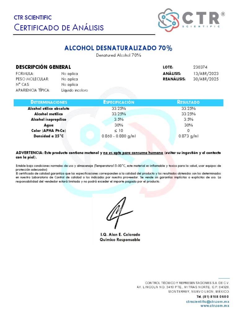 Ctr-Coa Alcohol Desnaturalizado 70%, Lote 230374 | PDF
