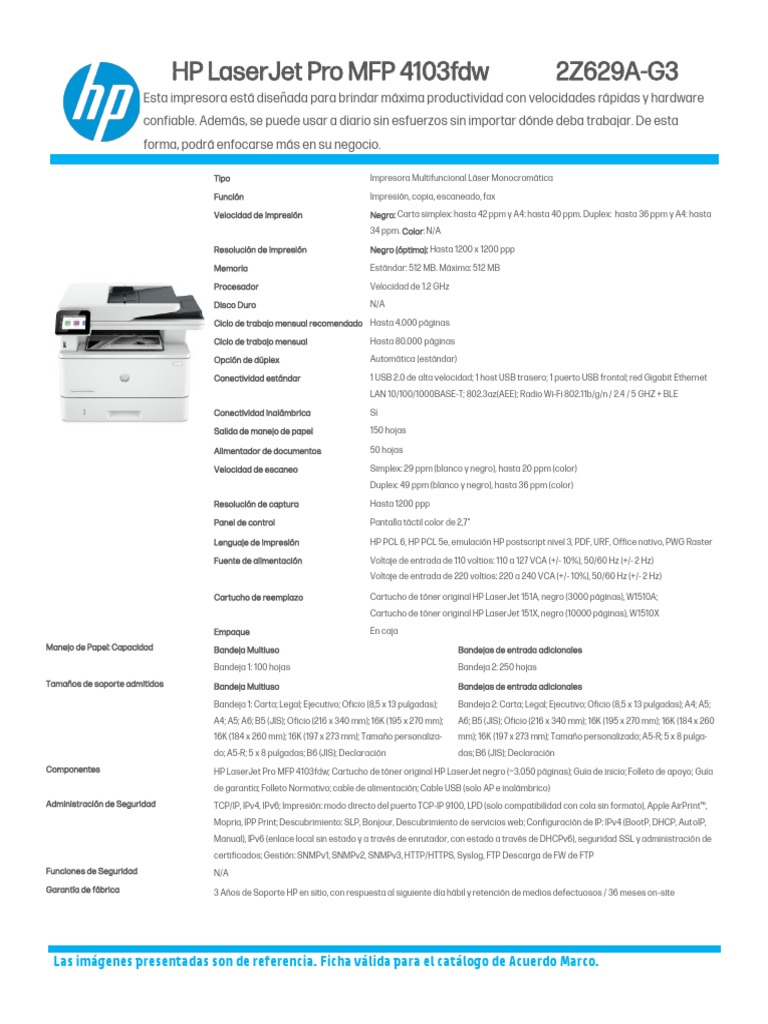 HP Laserjet Pro MFP 4103Fdw 2Z629A-G3 | PDF | Impresora (Computación ...