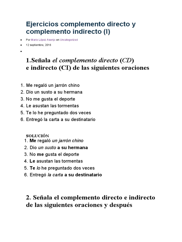 Ejercicios Complemento Directo y Complemento Indirecto | PDF Ejercicios Complemento Directo y Complemento Indirecto | PDF