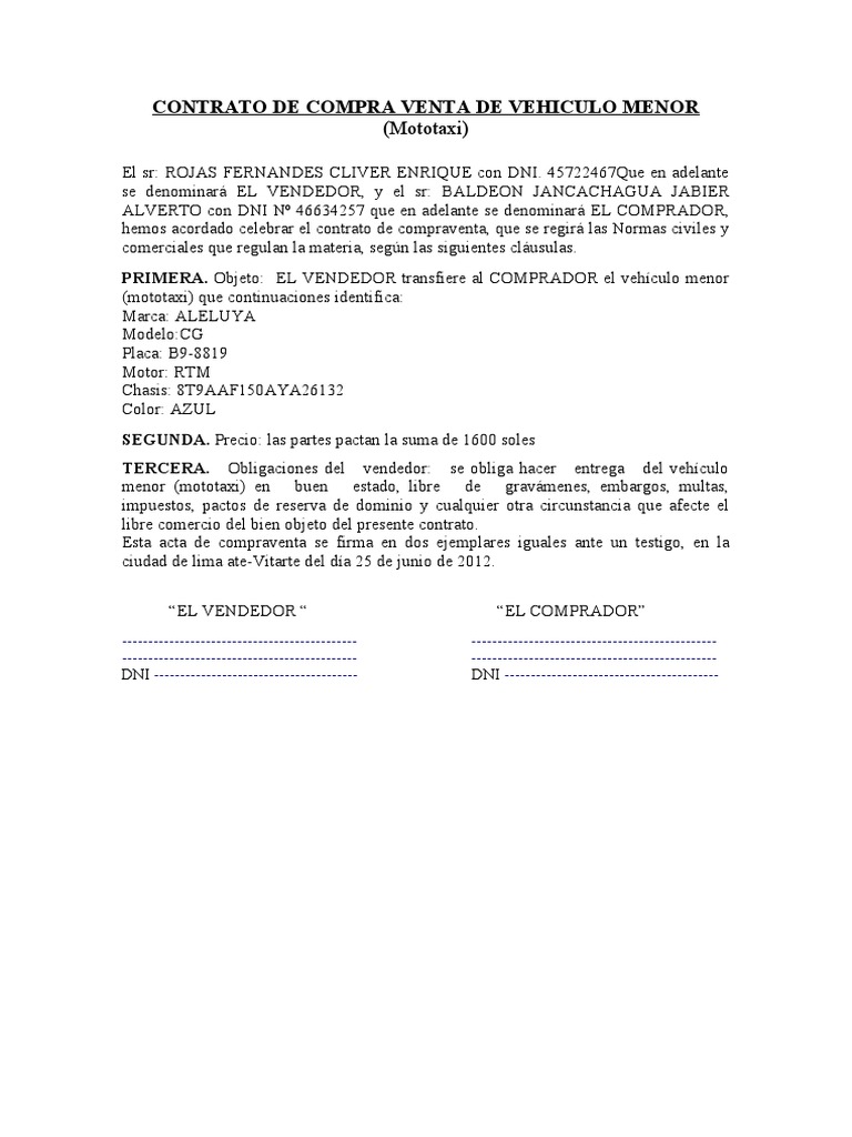 Contrato de Compra Venta de Vehiculo Menor | PDF
