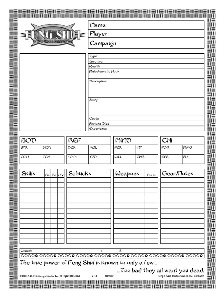 Feng Shui Character Sheet | PDF