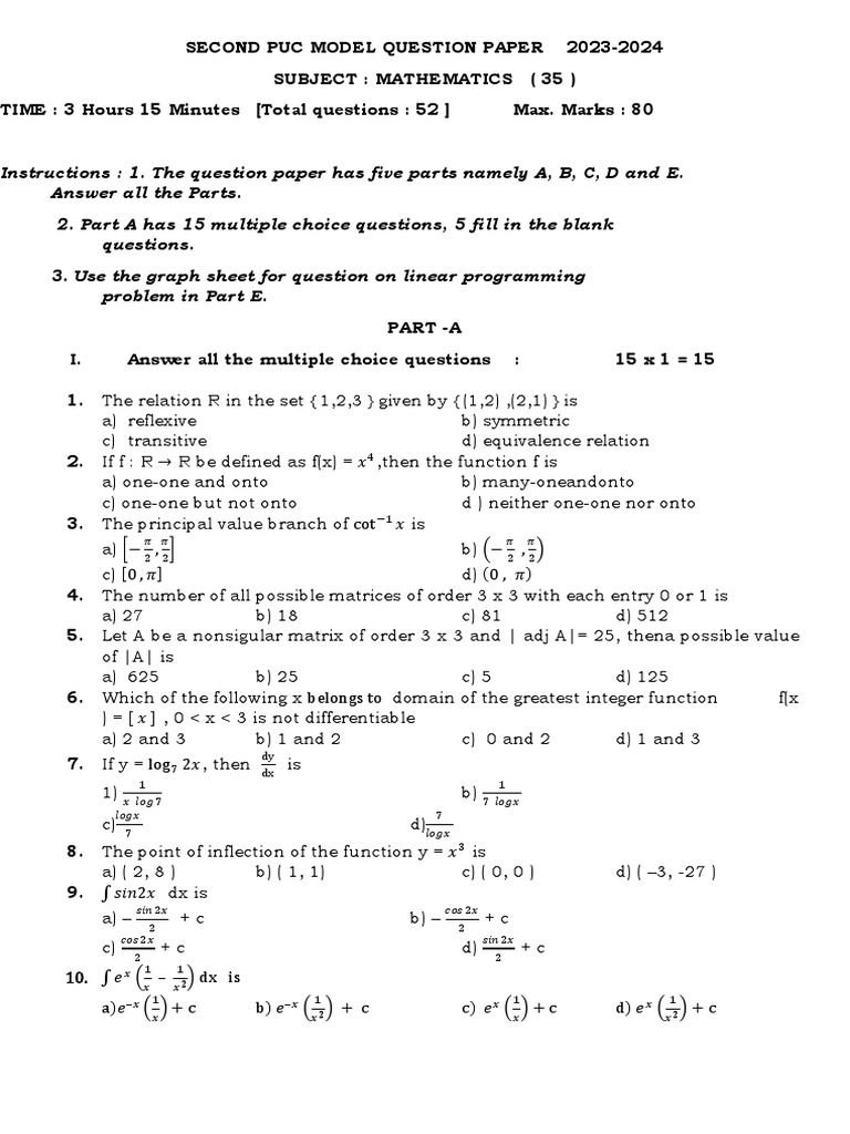 Mathematics MQP Ii Puc 2023-24 | PDF | Matrix (Mathematics) | Equations