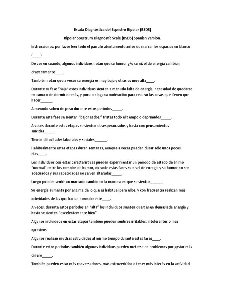 BSDS Cuestionario e Interpretación | PDF | Desorden bipolar | Salud mental