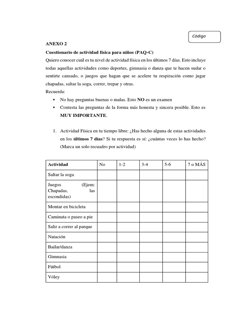 Cuestionario AF niños PAQ-C | PDF