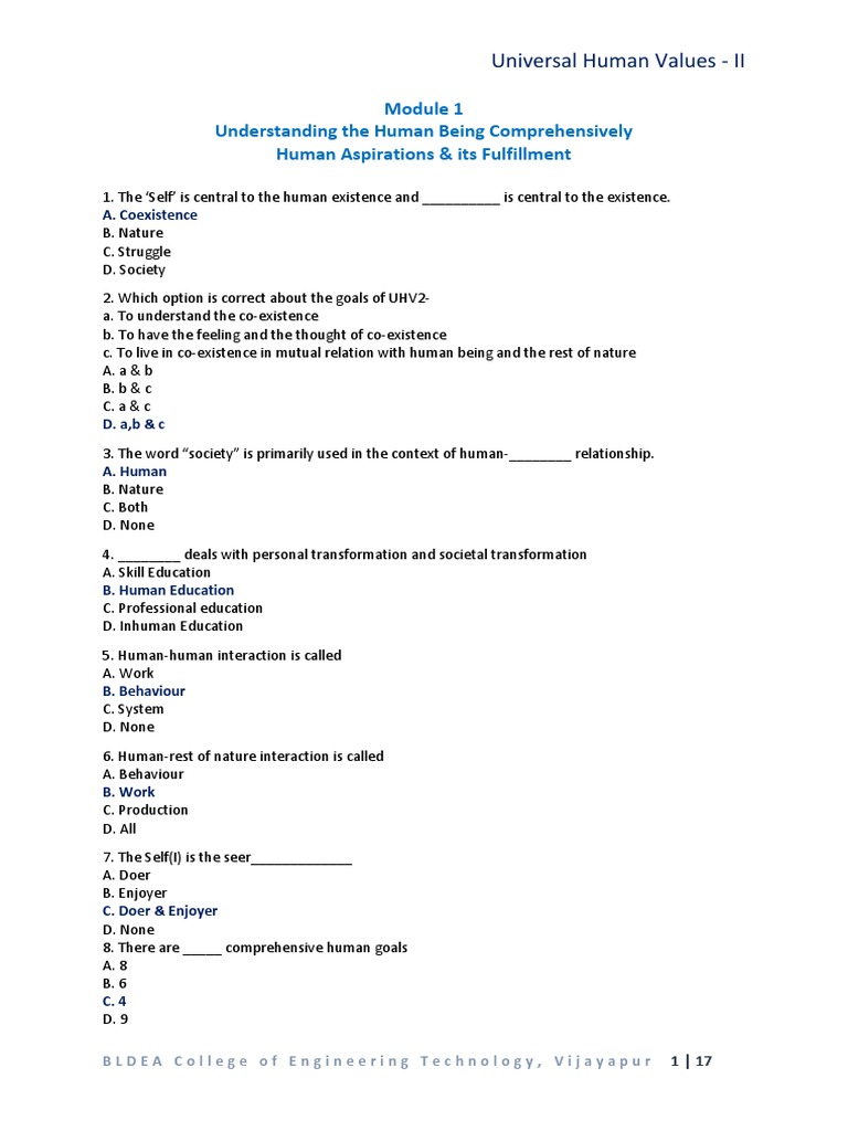 UHV MCQ Module 1 To 5 | PDF | Senses | Thought