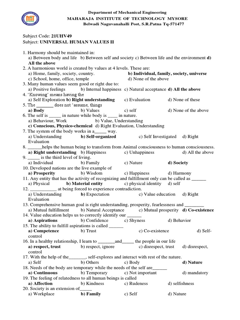 UHV II Important Questions | PDF | Self | Thought
