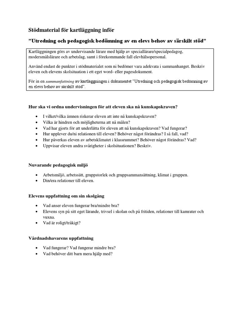Stödmaterial För Kartläggning Inför Utredning Och Pedagogisk Bedömning ...