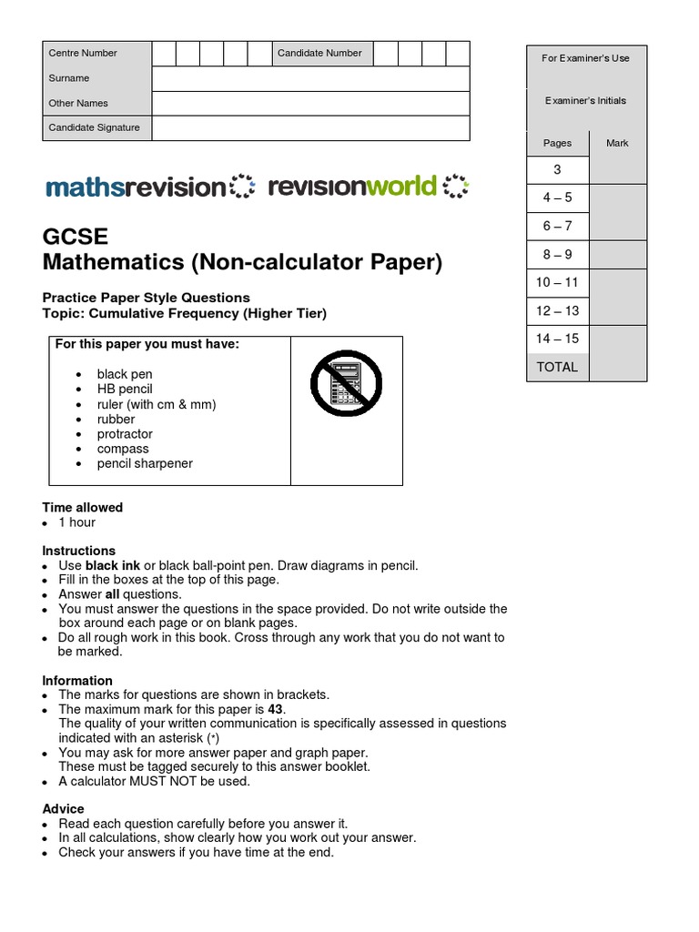 GCSE Cumulative Frequency Practice Paper | PDF