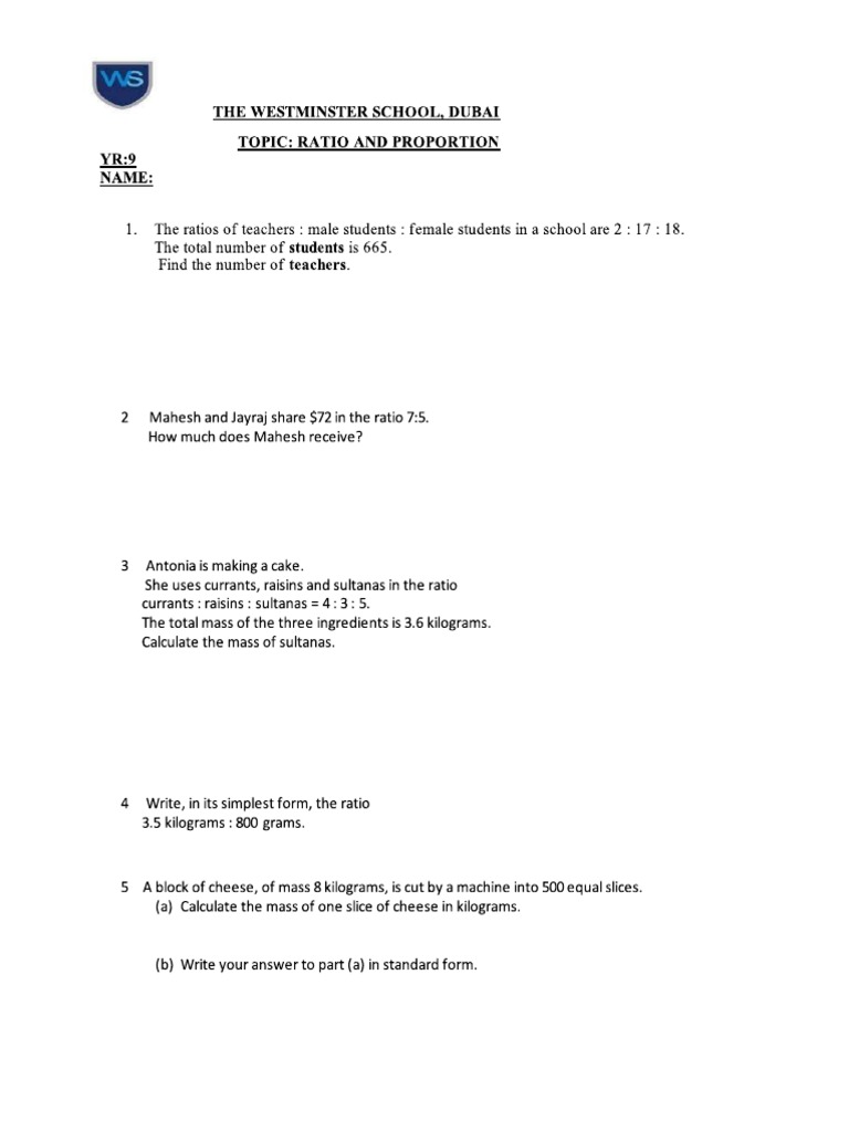 Yr9 PTM Ratio and Proportion | PDF