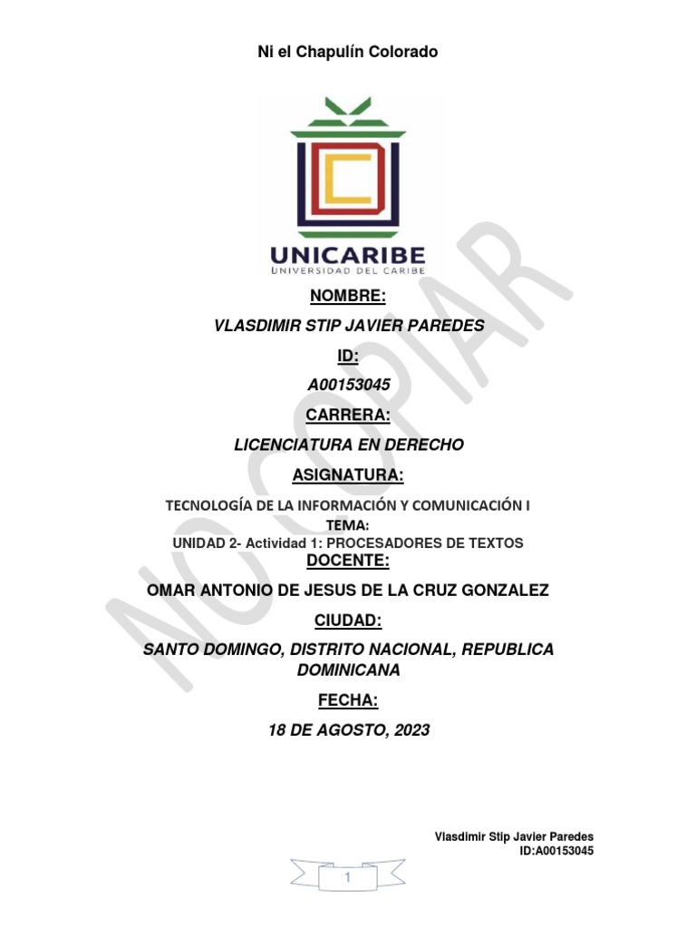 JAVIER VLASDIMIR - Unidad 2. Actividad 1. Procesadores de Textos | PDF
