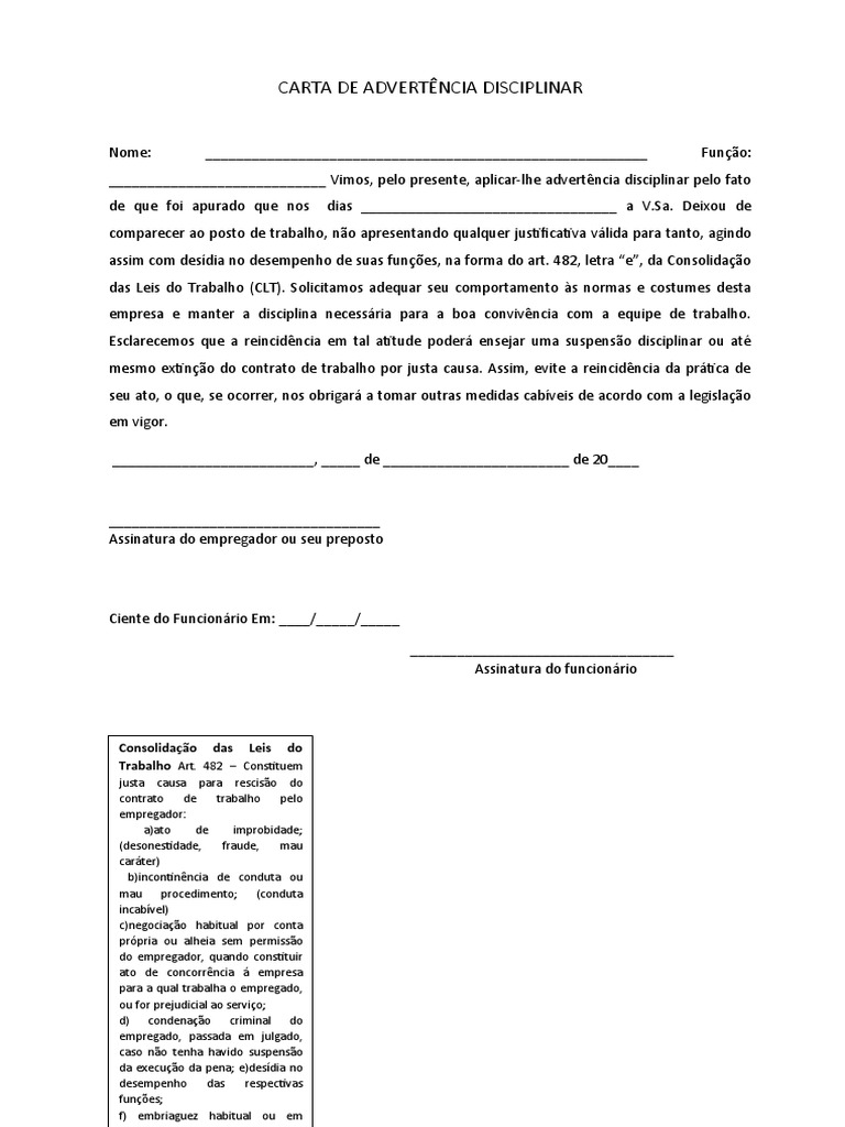 Modelo CARTA DE ADVERTÊNCIA DISCIPLINAR (Faltas) | PDF Modelo CARTA DE ADVERTÊNCIA DISCIPLINAR (Faltas) | PDF