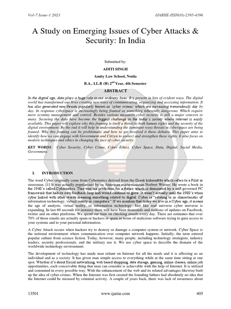 A Study On Emerging Issues of Cyber Attacks Security in India Ijariie13501 | PDF | Computer ...