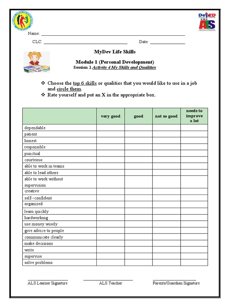 Self-Rating Skills Worksheet | PDF | Learning | Behavior Modification