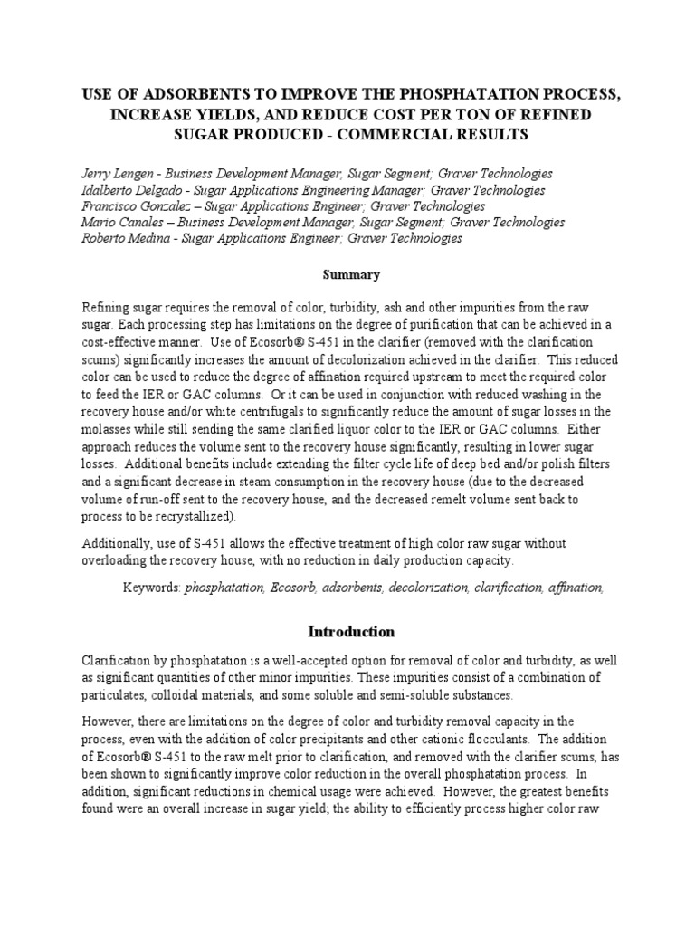 #1233 - Use of Adsorbents To Improve The Phosphatation Process, Increase Yields, & Reduce Cost ...