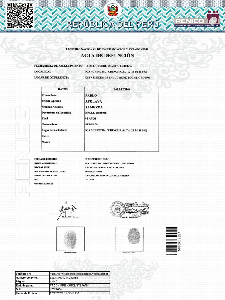 Acta Defunción 5000703357 | Descargar gratis PDF | Gobierno y personalidad | Perú