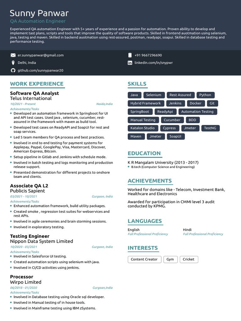SunnyPanwar Resume 5+YOE Automation | PDF | Selenium (Software ...