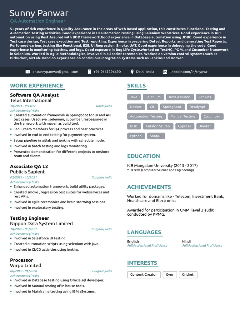 Sunny's Resume 2023 | PDF | Selenium (Software) | Software Testing