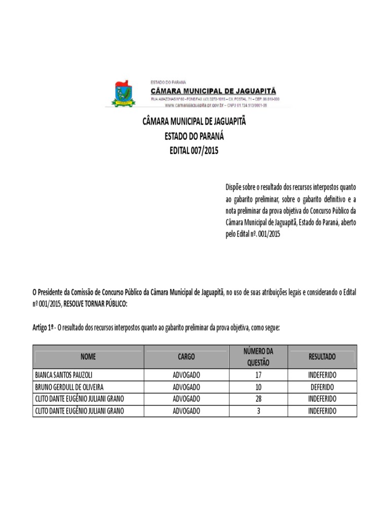 Fauel 2015 Camara de Jaguapita PR Oficial Legislativo Gabarito | PDF ...