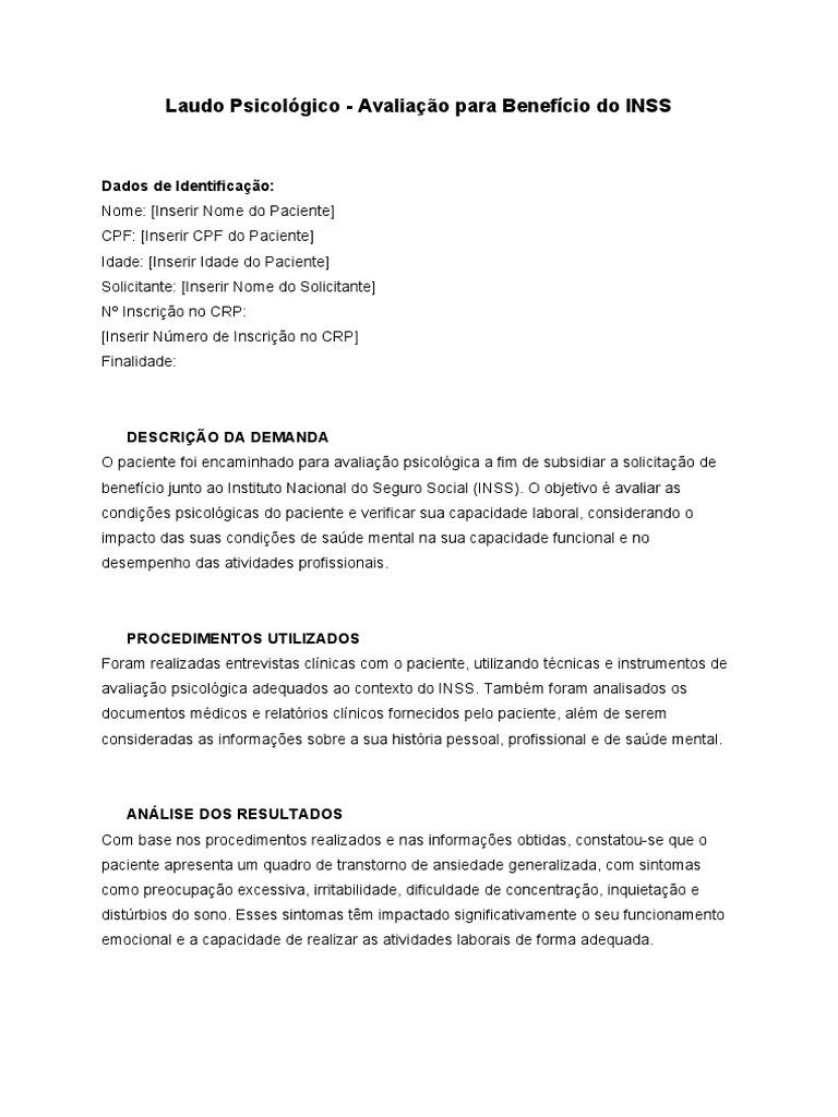 Laudo Psicológico Avaliação Para Benefício Do Inss Pdf Psicologia