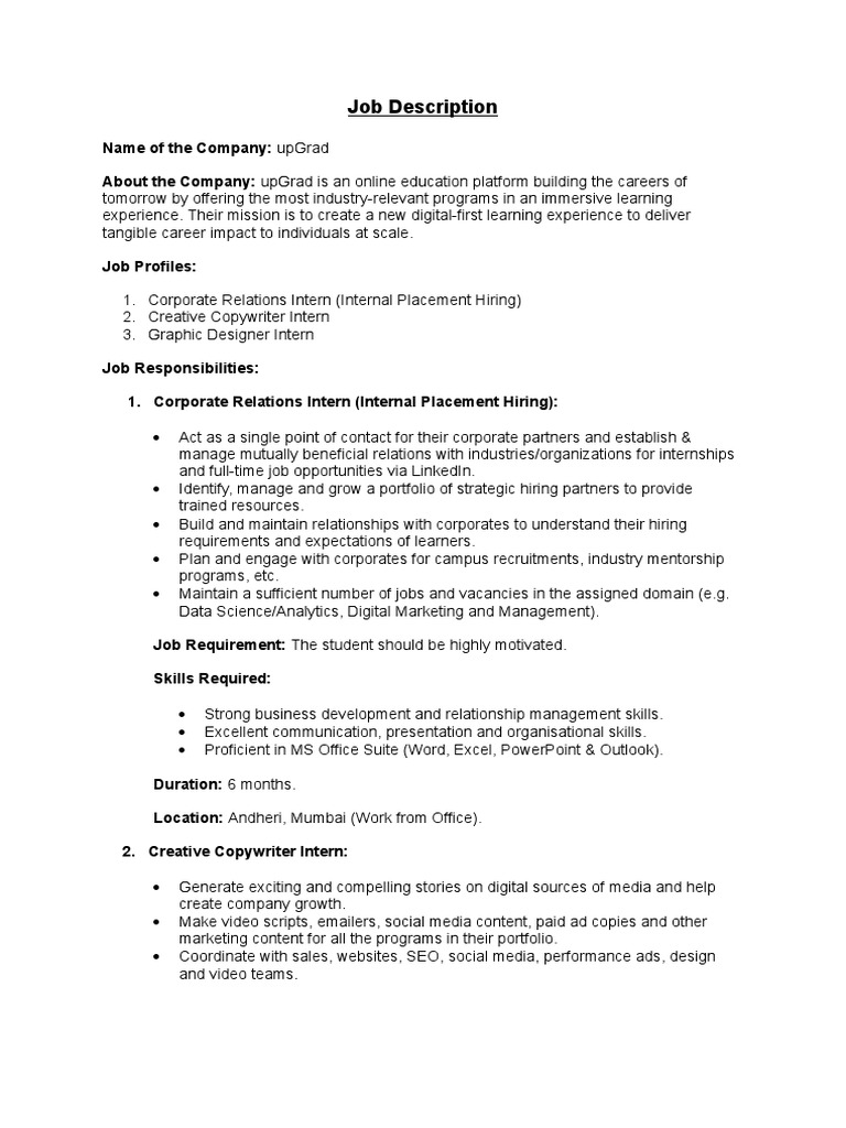 Upgrad Job Description | PDF | Internship | Job Hunting
