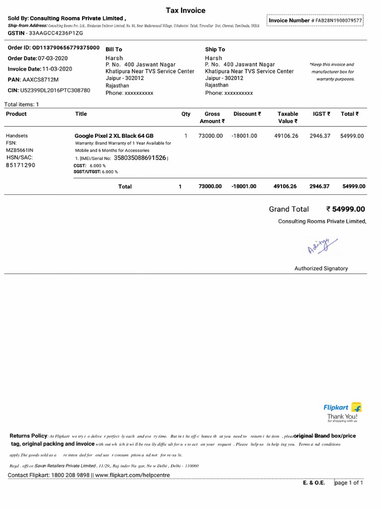 Pixel 2 XL Invoice | PDF