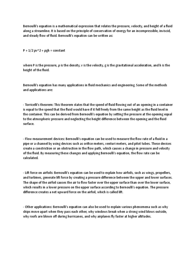 Bernoulli's Equation and Its Applications | PDF | Law | Science ...