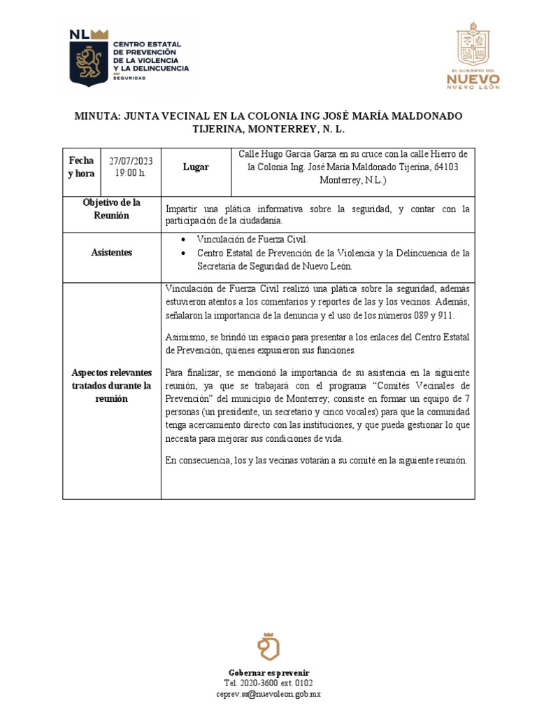 270723-Minuta de Junta Vecinal Ing Jose Maria Maldonado Tijerina | PDF | Ciencias sociales