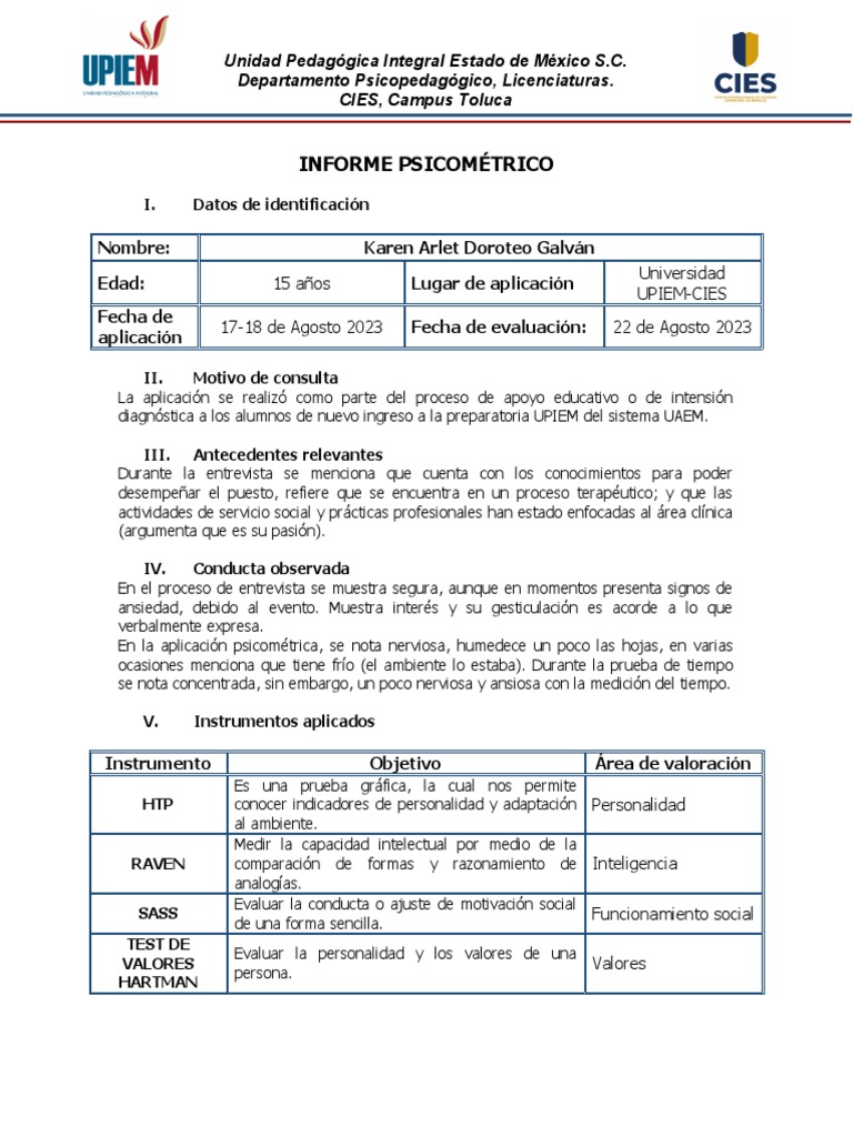 Ejemplo Informe Psicométrico | PDF | Aprendizaje | Sicología