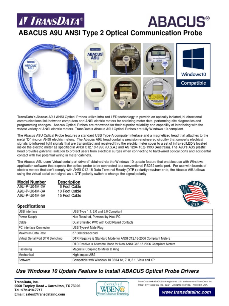 ABACUS ANSI Meter USB Probe by TransData A9U Data Sheet 44A0038 | PDF | Usb | Computing