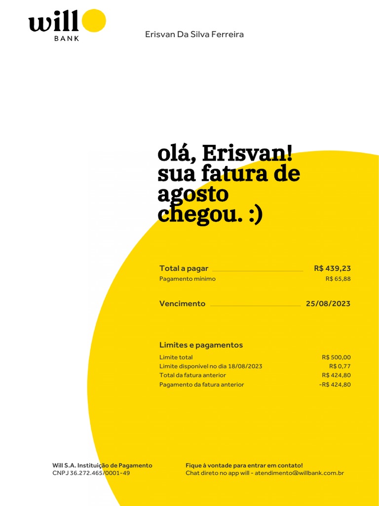 Fatura Will 20230825 | Download grátis PDF | Economias | Bancos
