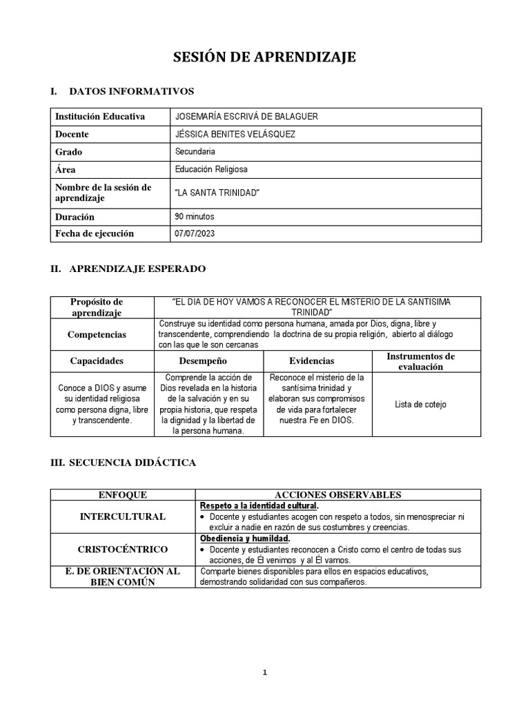 Formato Sesion de Aprendizaje RELIGION | PDF | Trinidad | Aprendizaje Formato Sesion de Aprendizaje RELIGION | PDF | Trinidad | Aprendizaje