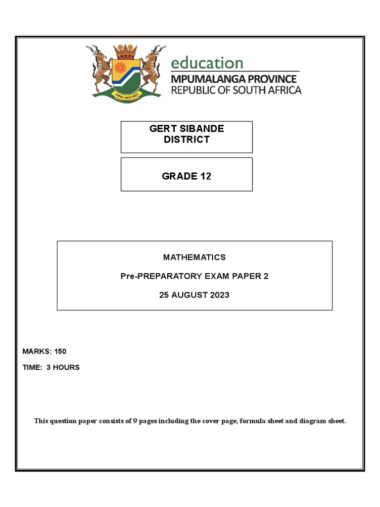 Grade 12 Mathematics Pre-Preparatory Exam 2023 | PDF | Circle | Geometry