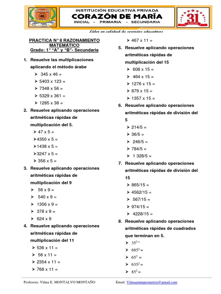 PRACTICA DE RM 8 DE 1° SECUNDARIA | PDF