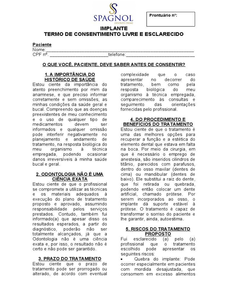 Tcle Implante | PDF | Odontologia | Dente