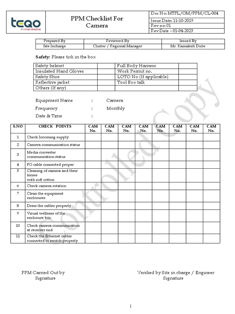MTPL-OM-PPM-CL-004_PPM Checklist For Camera | PDF
