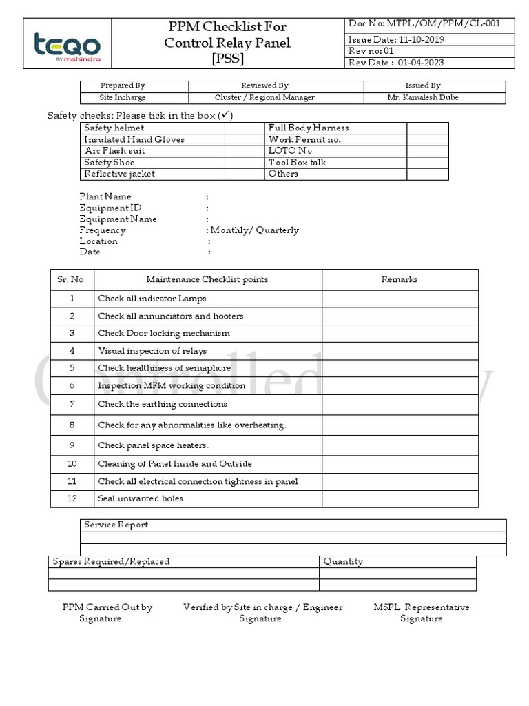 Control Relay Panel PPM Checklist | PDF | Manufactured Goods ...