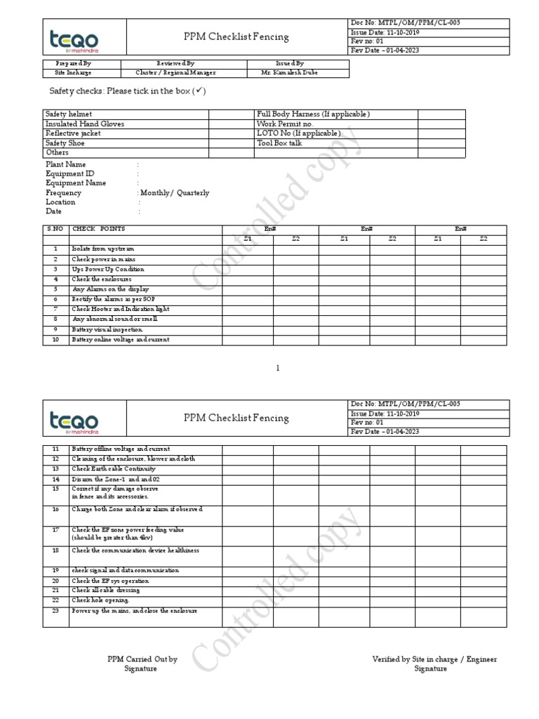 MTPL-OM-PPM-CL-005 - PPM Checklist For Fencing | PDF | Information And ...