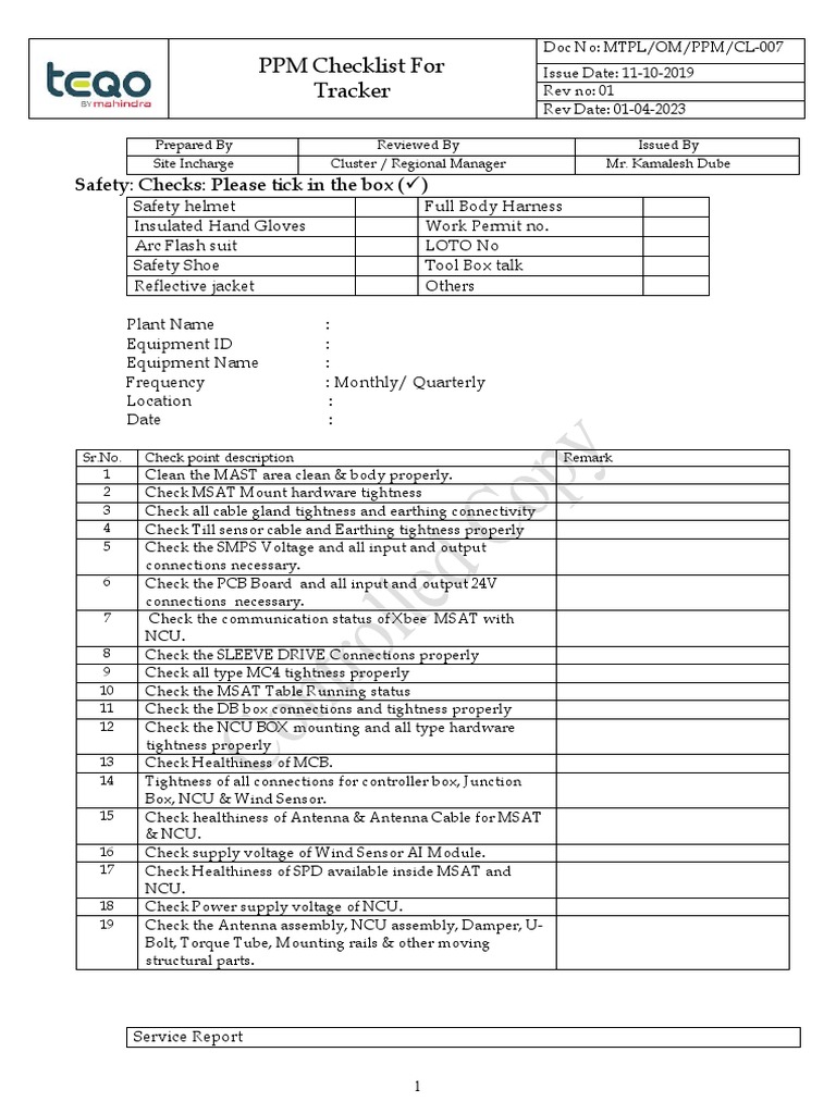 MTPL-OM-PPM-CL-007_PPM Checklist For Tracker | PDF | Power Supply ...