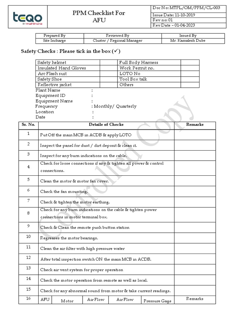 MTPL-OM-PPM-CL-003_PPM Checklist For AFU | PDF | Electricity ...