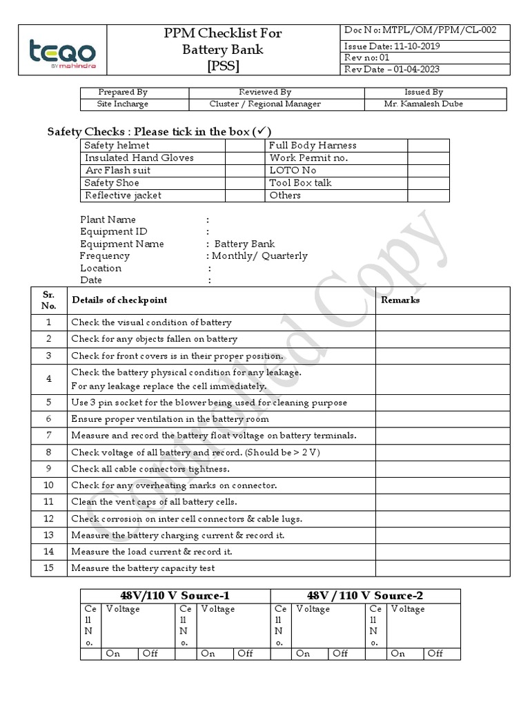 Mtpl-Om-Ppm-Cl-002 - PPM Checklist For Battery Bank (PSS) | PDF ...