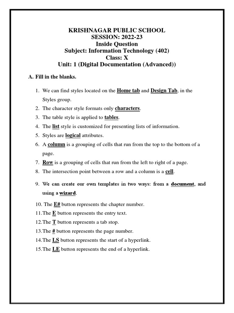 IT Class X: Digital Documentation Guide | PDF | Paragraph | Cursor ...