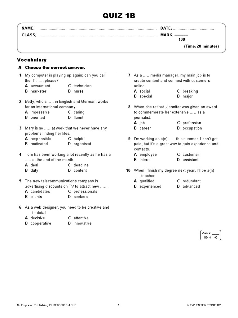 02 ENTERPRISE B2 NEW Quiz 01B | PDF | Business Economics | Economies