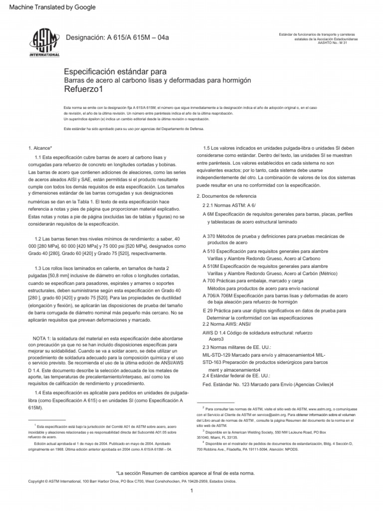 ASTM A 615 - 04a - 1320141632 | PDF | Acero | Laminado (metalmecánica)