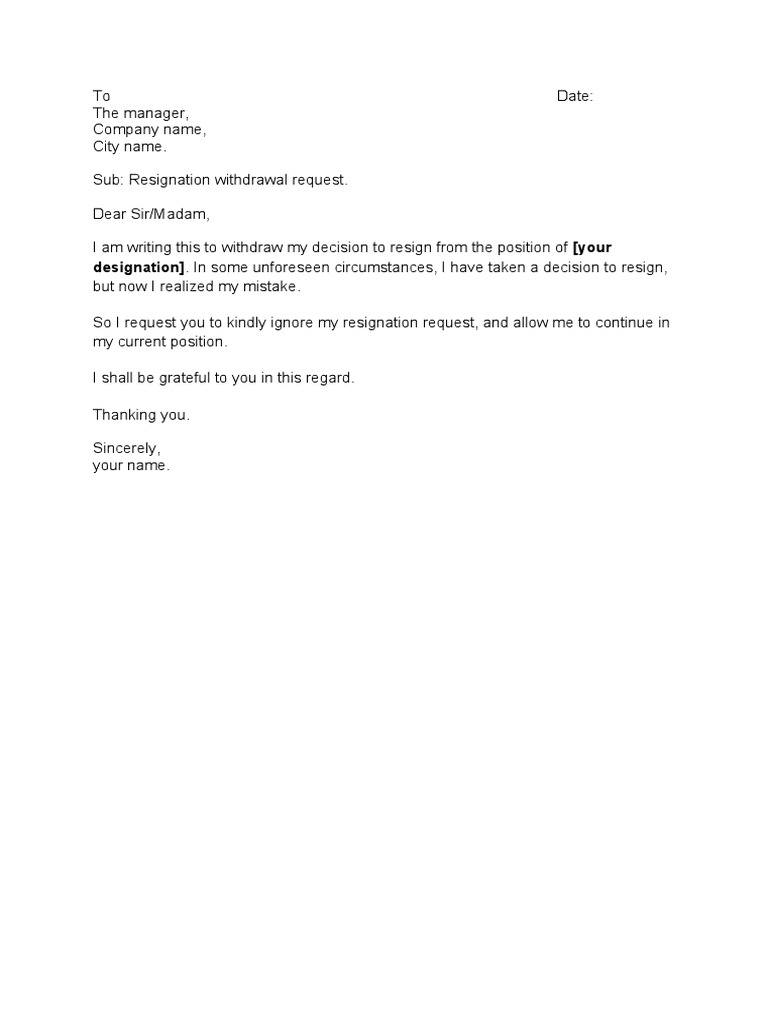 Resignation Withdrawal Request Letter | PDF