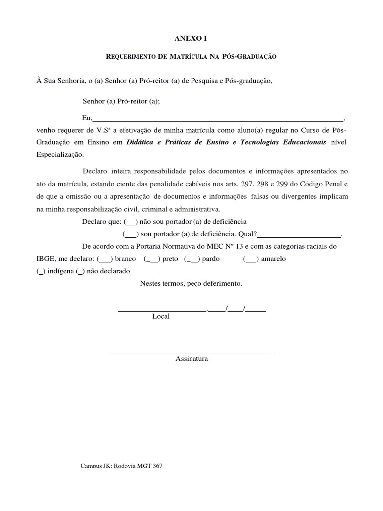 Requerimento De Matrícula Pdf
