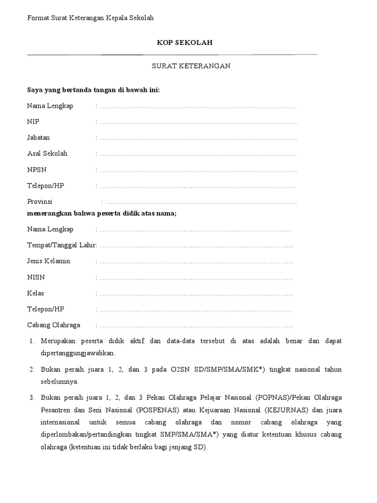 FORMAT SURAT KETERANGAN KEPALA SEKOLAH SD SMP SMA SMK O2SN 2023 | PDF